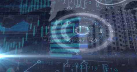 Stock Market Data Processing And Round Scanner Against Tall Buildings In Background Stock