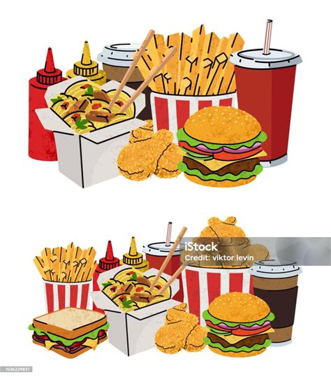 패스트 푸드 만화 아이콘 세트 간단한 플랫 스타일 거리 높은 칼로리 음식 그림 감자 요리에 대한 스톡 벡터 아트 및 기타 이미지
