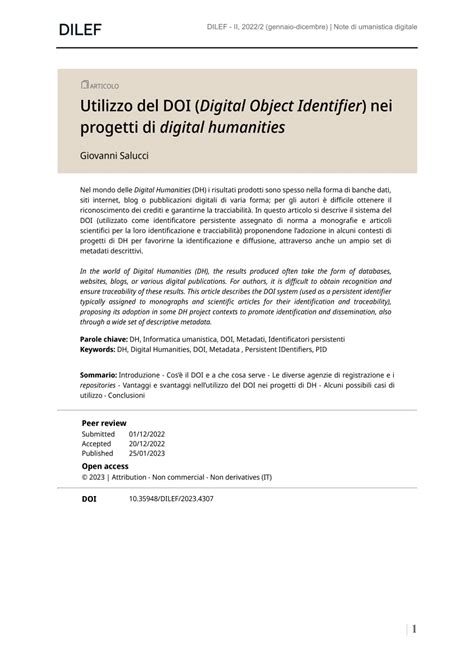 PDF Utilizzo Del DOI Digital Object Identifier Nei Progetti Di Digital Humanities