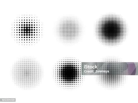 하프톤 그라데이션 효과가 있는 둥근 모양 집합입니다 점선 방사형 스프레이의 팝 아트 질감은 다양한 강도를 제공합니다 만화