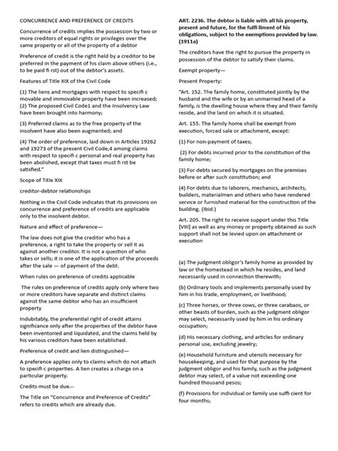 Concurrence And Preference Of Credits Pdf Bankruptcy Insolvency