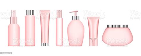 파스텔 핑크 플라스틱 미용 용기 크림 로션 스프레이 오일 샴푸 핸드 비누 젤 우유 밤 벡터 일러스트레이션 세트 튜브와 병에