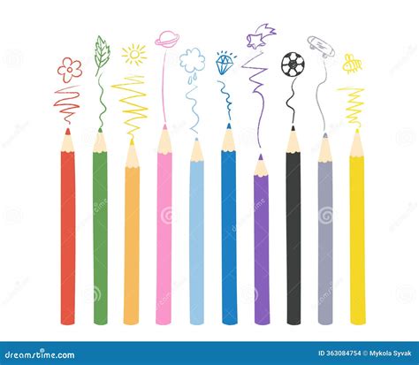 Color Pencils With Doodle Pictures Hand Drawn Stock Illustration