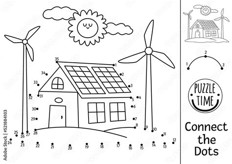 Vector Dot To Dot And Color Activity With Cute Eco House And Wind
