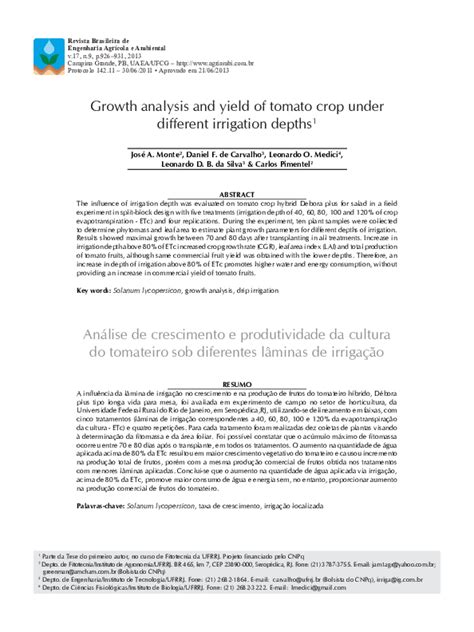 Pdf Growth Analysis And Yield Of Tomato Crop Under Different