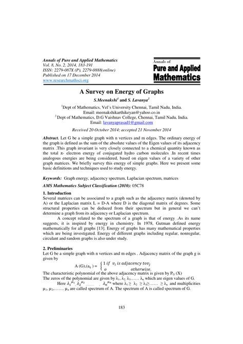 PDF A Survey On Energy Of Graphs