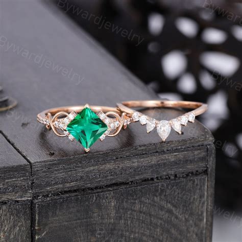 Princess Cut Emerald Engagement Ring Set Unique Rose Gold Engagement