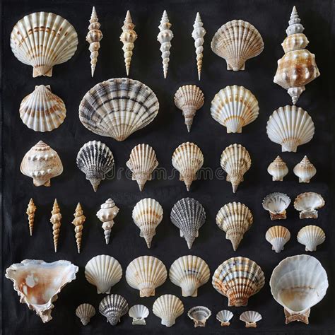Top View Of A Flat Lay Arrangement Of Seashells On A Black Background