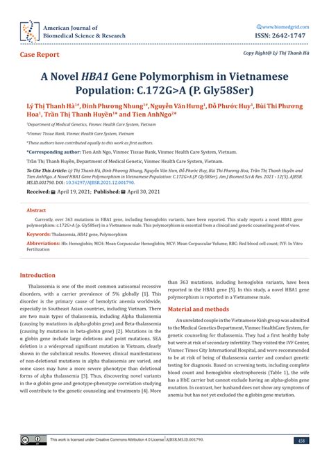 Pdf A Novel Hba1 Gene Polymorphism In Vietnamese Population C172ga
