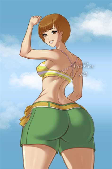 Xelaroseart Satonaka Chie Persona Persona 4 Highres 1girl Arm Up Artist Name Ass