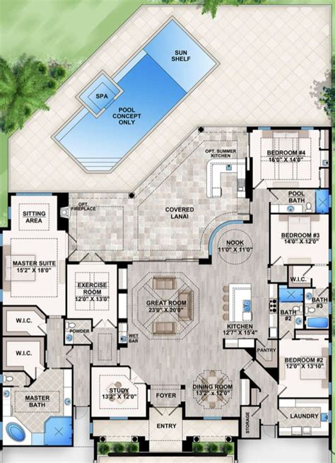 Spacious Luxury Home Floor Plan With Outdoor Pool House Plans With