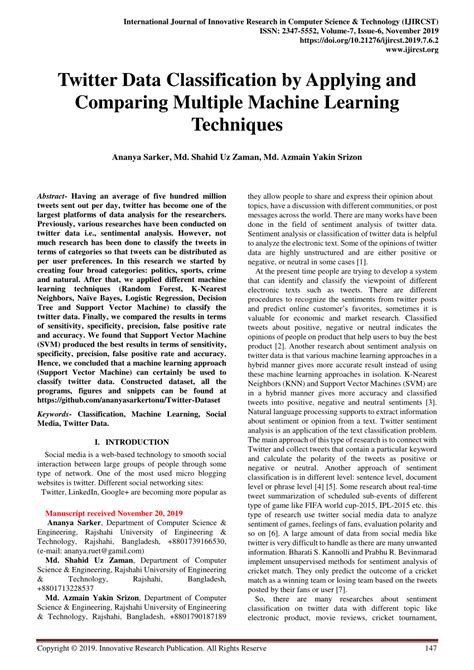 Pdf Twitter Data Classification By Applying And Comparing Multiple Machine Learning Techniques