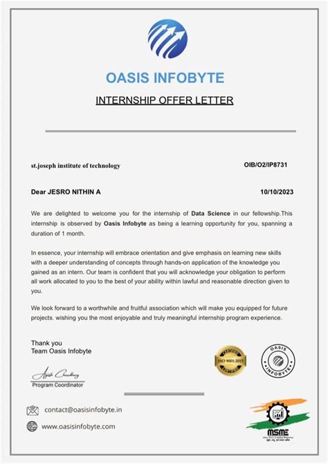 Jesro Nithin On Linkedin Data Science Intership In Oasis
