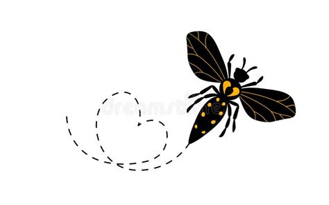 Cartoon Bee Mascot A Small Bees Flying On A Dotted Route Wasp