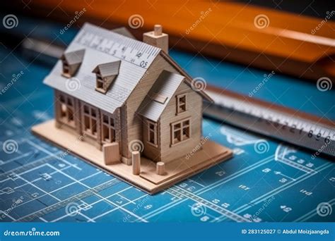 Blueprint And Measuring Tools On Cardboard House For Architectural Planning Royalty Free Stock
