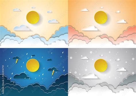 Four Season Concept Sky With Sun And Cloudspaper Art Design Vec Stock