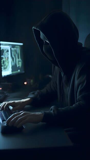 Premium Ai Image Hacker Using Computer At Night In Dark Room