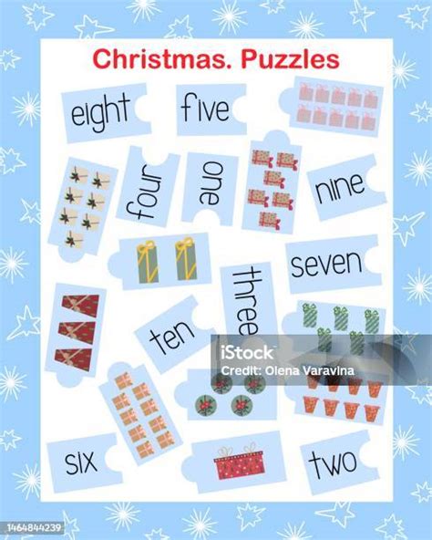 크리스마스 선물 겨울 휴가 기호 퍼즐 인쇄 및 컷 기울기 숫자 벡터 일러스트 레이 션 영어 연습 및 수학 교육 계산 게임