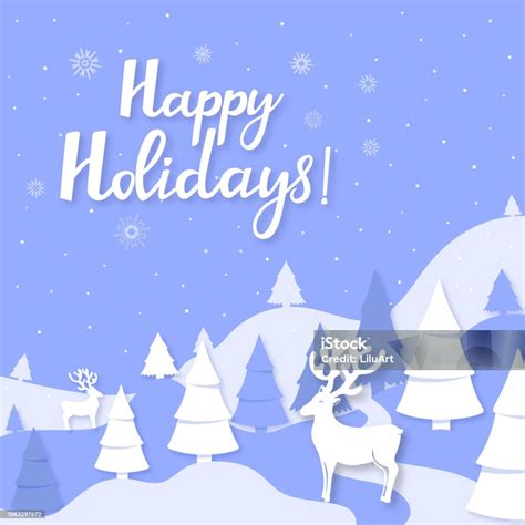 겨울 풍경 가문비나무 산 사슴 종이 스타일 컷 해피 홀리데이 손 글자 크리스마스와 새 해 인사말 카드 0명에 대한 스톡 벡터 아트 및 기타 이미지 Istock