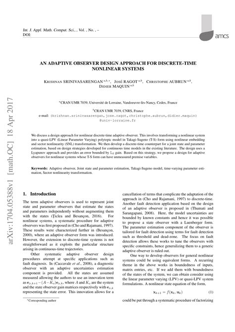 PDF An Adaptive Observer Design Approach For Discrete Time Nonlinear Systems