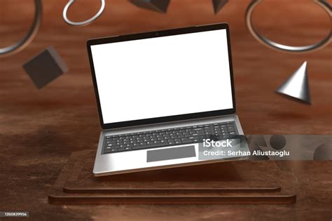 3d 렌더링으로 배경 제품 프리젠 테이션 무대 디스플레이와 트리플 실린더 받침대 위의 노트북 컴퓨터 화면 모형 0명에 대한 스톡