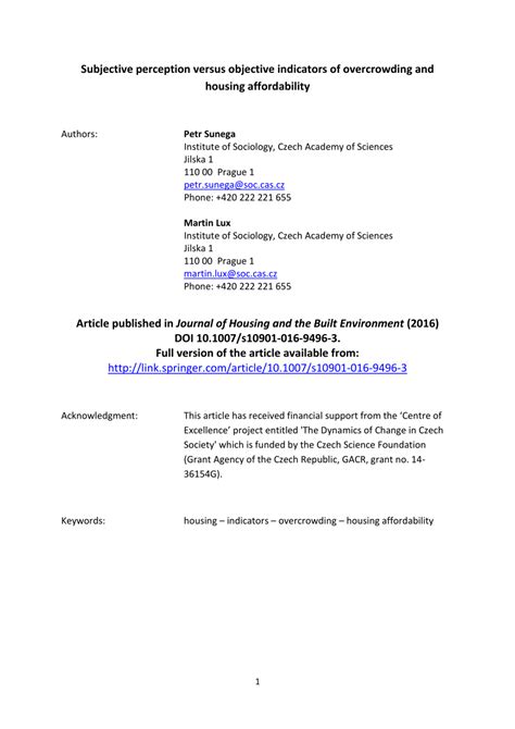 Pdf Subjective Perception Versus Objective Indicators Of Overcrowding And Housing Affordability
