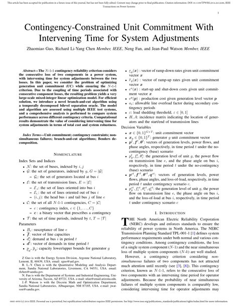 Pdf Contingency Constrained Unit Commitment With Intervening Time For