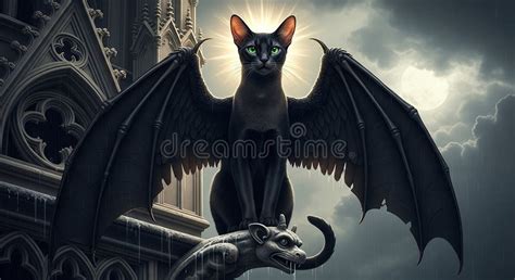 Majestic Black Cat With Bat Wings Perched On Gargoyle Against A Moody