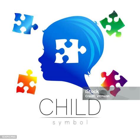 벡터에 몇 퍼즐아이 블루 로고 타입 실루엣 프로필 인간의 머리 사람 어린이 자폐증 어린이 치료 클리닉 교육을위한 개념 로고