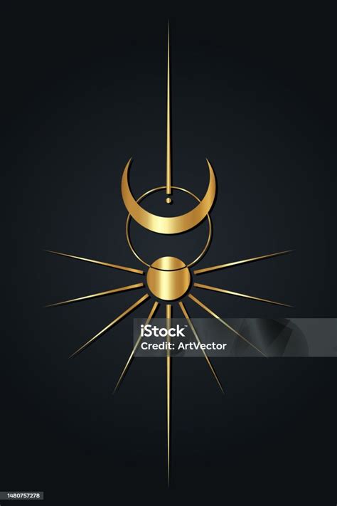 태양과 달 빈티지 럭셔리 클립 아트 위카 골든 로고 신비로운 신성한 기하학 마법의 이교도 위칸 여신 및 신 상징 벡터 골드 기호 그림 고립 된 검은 배경 로고에 대한 스톡