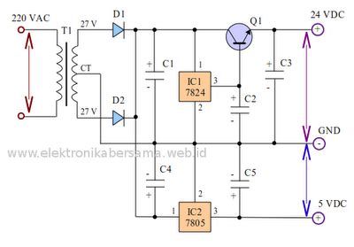 Rangkaian Power Supply Dengan Dua Output Tegangan 24 Volt Dan 5 Volt Elektronika Bersama