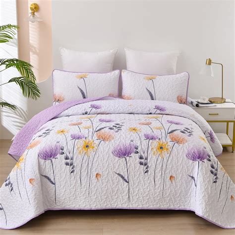 Floral Quilt Set Queen Sizepurple Bedspread Coverlet Botanical 3 Pieces Summer