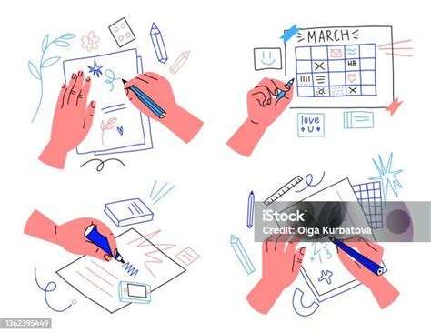 손은 종이에 씁니다 양식 설문지 및 서류 작성 추상적 인 인간의 팔 은 낙서 서면 계산 색상 팔은 연필과 펜을 잡고 벡터 절연 세트를 작성 그리기에 대한 스톡 벡터 아트 및