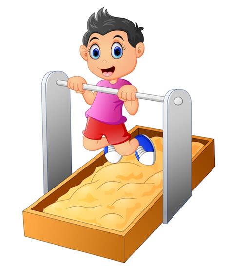 Мальчик висит на горизонтальной полосе Премиум векторы