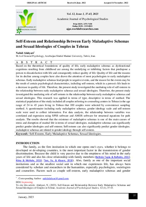 Pdf Self Esteem And Relationship Between Early Maladaptive Schemas And Sexual Ideologies Of