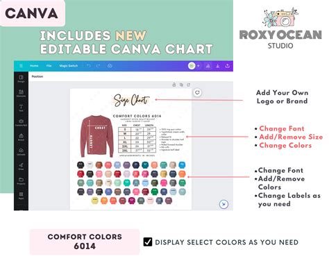 Comfort Colors 6014 Size Color Chart EDITABLE Canva Template 6014 Long