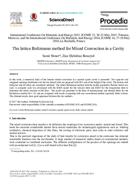 Pdf The Lattice Boltzmann Method For Mixed Convection In A Cavity