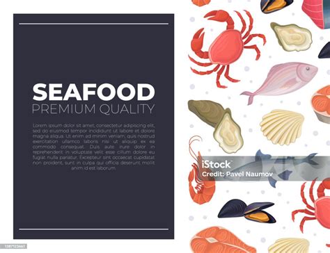 해산물 카드 템플릿 레스토랑 또는 어업 제품 시장 광고 전단지 배너 디자인 벡터 일러스트 해산물에 대한 스톡 벡터 아트 및 기타 이미지 Istock