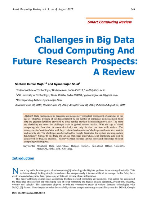 Pdf Challenges In Big Data Cloud Computing And Future Research Prospects A Review