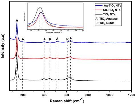 Raman Spectra Of Pure Tio2 Nts Cu Tio2 Nts And Ag Tio2 Nts Download