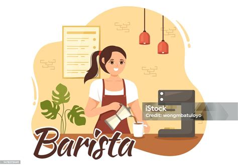 바리스타 그림 평면 만화 손으로 그린 랜딩 페이지 또는 웹 배너 템플릿에서 고객을 위해 커피를 만드는 스탠딩 앞치마를 입고 있다