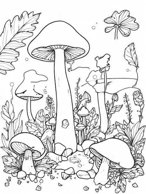 Mushrooms Crystals And Garden Coloring Page Premium Ai Generated Image