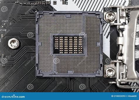 Top Macro Shot Of Empty Modern Lga Socket For Cpu On Black Desktop Motherboard Stock Image