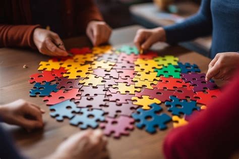 Close Up Of Multiethnic Group Of People Assembling Jigsaw Puzzle Stock