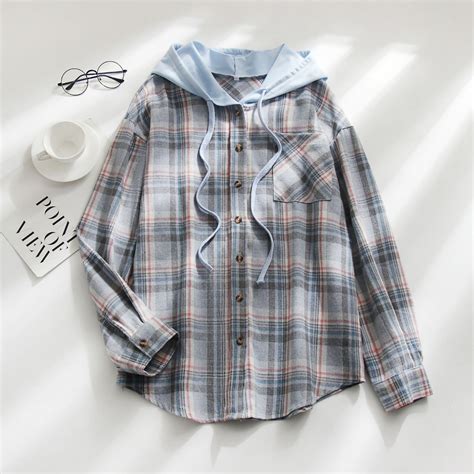 Bltiby Women Plaid Hooded Shirt Fall Drawstring Sweatshirt Hoodie