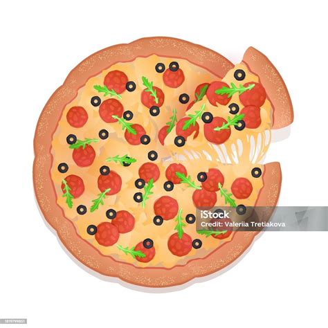 녹인 치즈 페퍼로니 올리브 채소 흰색에 분리된 루꼴라를 곁들인 피자와 슬라이스 엽서 인사말 카드 배너 광고 메뉴 기사에 대 한 벡터 일러스트 레이 션 건강에 좋지 않은