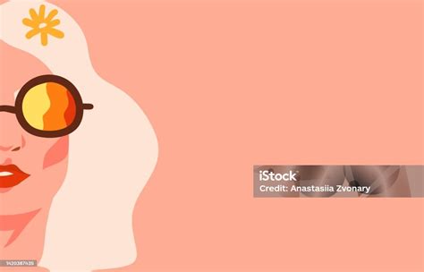 손으로 그린 벡터 추상 스톡 플랫 그래픽 일러스트 프린트와 복고풍 빈티지 그루비 히피 60s 70s 보헤미안 현대 여성 초상화와 데이지 꽃그녀의 머리에 컬러 백라운드에 고립