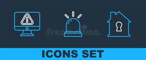 Set Line House Under Protection Monitor With Exclamation Mark And Motion Sensor Icon Vector