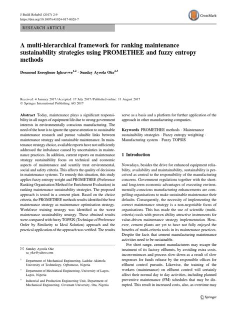 Ranking Maintenance Sustainability Strategies Using Promethee And Fuzzy Entropy Pdf