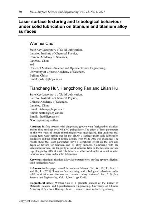 Pdf Laser Surface Texturing And Tribological Behaviour Under Solid Lubrication On Titanium And